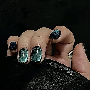 Fantasticlady Glue on Nails Short,Magnetic Green Cat Eye,Press on Nails Short Square,Short Fake Nails,False Nails Short,Acrylic Nails Press on,Short Nails Press on,Natural Nails for Women.