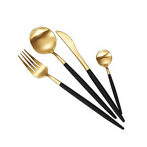 24-Piece Gold Silverware Set with Black Handle, Stainless Steel Flatware Set, Tableware Cutlery Sets for 6 Including Forks Spoons Knives, Kitchen Utensil Set for Home and Restaurant(Black Gold)