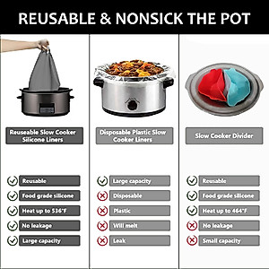Slow Cooker Liners Fits for Crock-Pot 6-8 Qt, Reusable Silicone Cooking Bags Liners Divider Insert for Oval Or Round Cooker, Leakproof and Dishwasher Safe, Replace Disposable Liners that Tend To Leak
