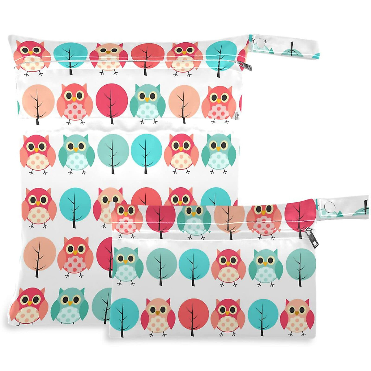 visesunny Owl Forest 2Pcs Diaper Changing Totes Wet Bags with Zippered Pockets Washable Reusable Roomy Cloth Diaper for Travel,Beach,Daycare,Stroller,Dirty Gym Clothes,Wet Swimsuits,Toiletries