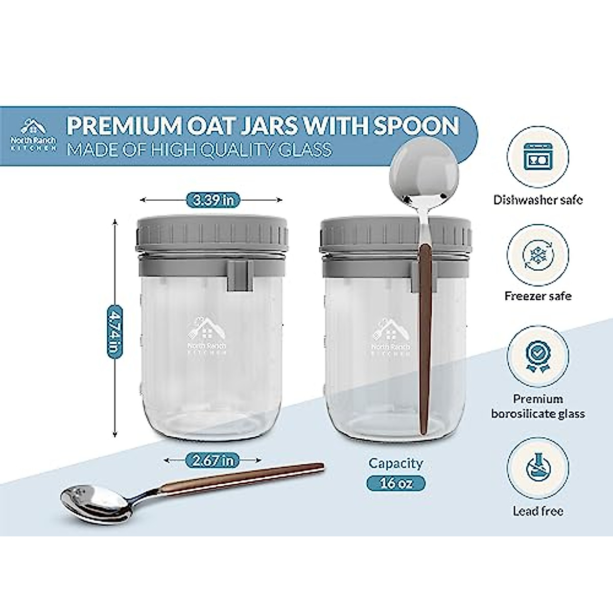 North Ranch Kitchen 16 oz overnight oats containers with lids - Jars with spoons and lids - made of premium borosilicate glass - 2x oatmeal jars with spoons & spoon holder