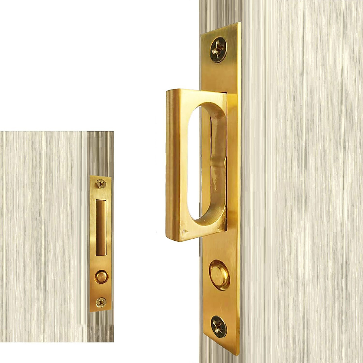 LWZH Brushed Nickel Pocket Door Edge Pull with Push Automatic Bounce Switch,Sliding Door Pull Hardware, Flush Hidden Handle (Gold)