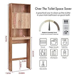 Nicemoods Over The Toilet Storage Cabinet, 77'' Taller Bathroom Organizer Shelf Space-Saving Collect Cabinet with Shelves and Double Doors, Brown