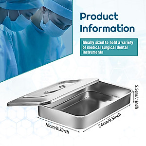 Fabbay 2 Medical Surgical Trays 201 Stainless Steel Dental Instruments Tray Organizer Holder Sterilized Metal Box with Lid and Handle Grip for Medical Surgical Dental Instruments (9 Inch)