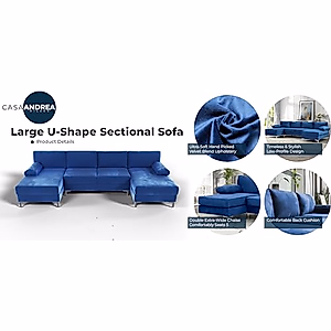 Casa Andrea Milano U-Shape Velvet Fabric Sectional Sofa Couch with Double Extra Wide Chaise, Couch for Living Room Apartment Lounge, Navy