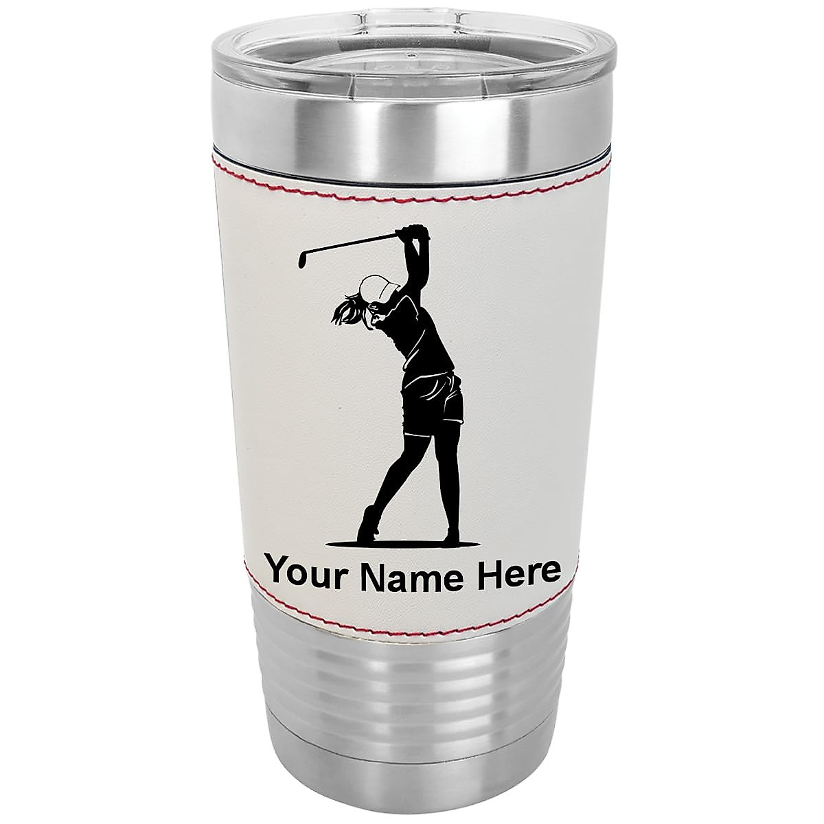 LaserGram 20oz Vacuum Insulated Tumbler Mug, Golfer Woman, Personalized Engraving Included (Faux Leather, Baseball Style)