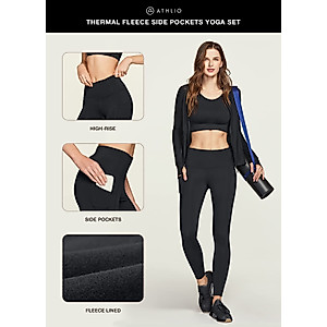 ATHLIO Women's Thermal Yoga Pants, High Waist Warm Fleece Lined Leggings, Winter Workout Running Tights, Thermal Pocket Black/Olive, X-Small