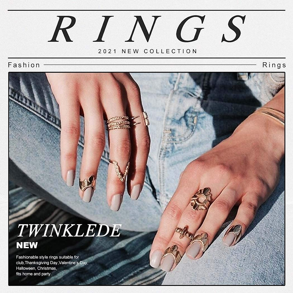 TWINKLEDE Boho Stackable Rings 17Pcs Rhinestone Finger Rings Gold Crystal Joint Knuckle Rings for Women