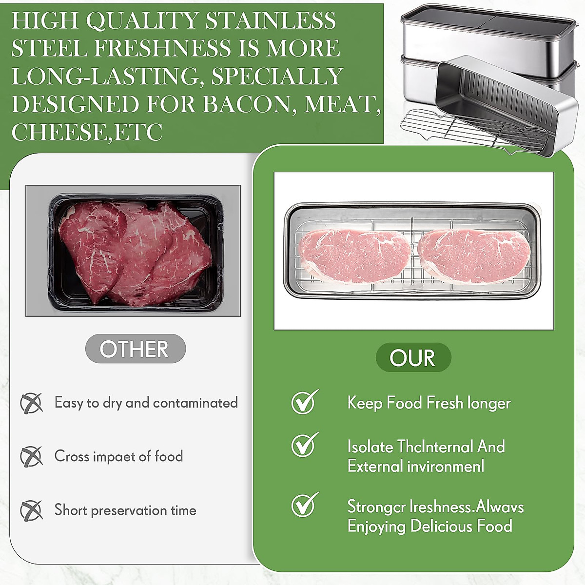Hushee 3 Set 304 Stainless Steel Containers for Fridge, with Removable Drain Tray, Fruit Bacon Storage Airtight Deli Meat Container with Lids for Fresh Dry Food Storage(10.43 x 3.94 x 2.76 Inch)