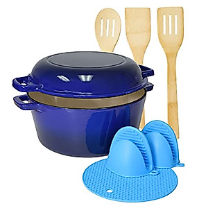 Enameled 2in1 Cast Iron Dutch Oven Pot with Grill Lid – 5 Quart Dutch Oven with Lid Cast Iron, 8pc Accessories Set, Never Needs Seasoning, Cobalt Blue Enamel Dutch Oven for Cooking & Baking