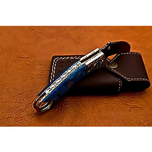 8.5" Handmade Damascus Folding Pocket Knife Karambit Knife Hunting Knife Handle Camel Bone Handmade Damascus Steel with Leather Sheath B50