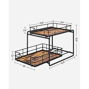 SONGMICS Spice Rack Organizer, Countertop Organizer for Bathroom Kitchen, 2 Tier Space-Saving Counter Shelf with Slide Out Basket Drawers, 14.6 x 11 x 12.6 Inches, Rustic Brown and Black