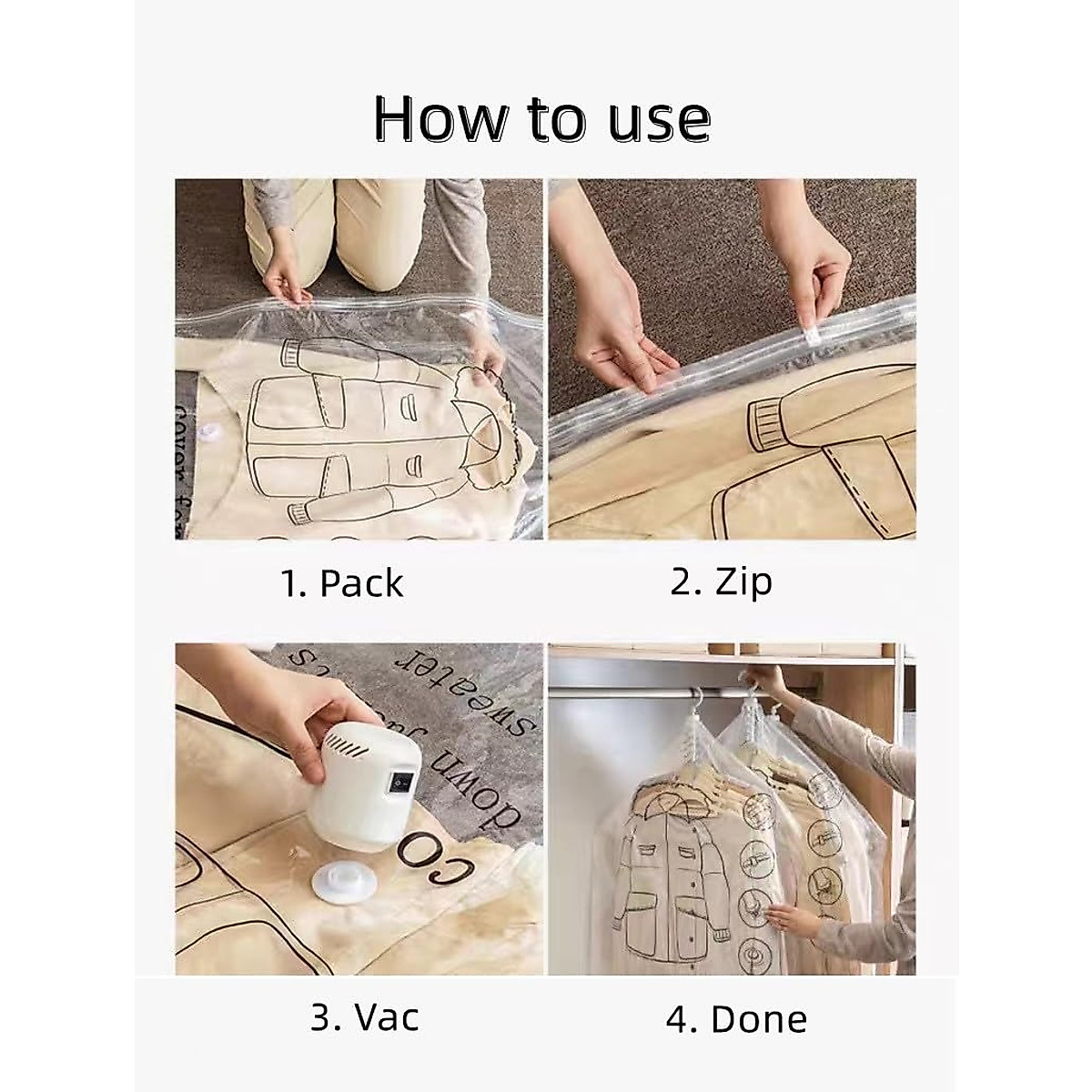 SunHorde Hanging Space Bags Vacuum Storage Bags for Clothes, Dress, Winter Coats, 6 Pack 53.1x27.6 inch, Large Reusable Garment Protector