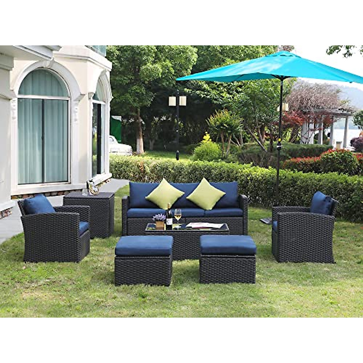 Green4ever 9 Piece Patio Furniture Set, All-Weather Outdoor Sectional Sofa Wicker Rattan Couch Patio Conversation Set with Storage Box, Coffee Table, Ottoman, and Blue Cushion