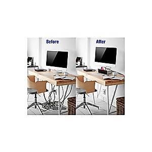 Kantek Cable Management Power HUB and Stand with USB Charging Ports, 5 OUTLETS, 3 USB, 6.5 FT Cord, White