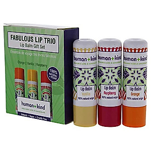Human+Kind Fabulous Lip Trio - Raspberry, Orange, and Vanilla Natural Hydrating Lip Balm Collection - Ultra Moisturizing Chapstick with Vitamin E and Jojoba Oil - Repair Dry, Cracked Lips - 3 pc