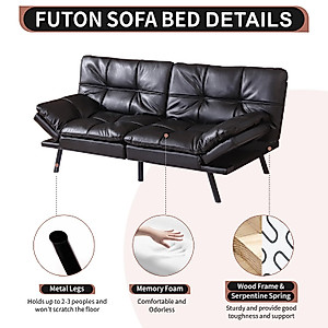 MUUEGM Futon Sofa Bed Convertible Memory Foam Sleeper Couch,Modern Faux Leather Loveseat for Living Room,Small Compact Space,Dorm,Office,Adjustable Armrests Backrest Sofabed, Black
