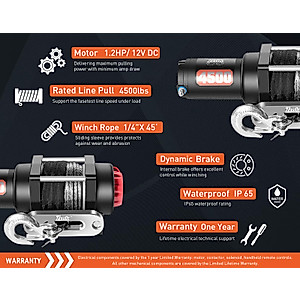 ZEAK 4500 lb Winch Kit, 12V 45 Feet Synthetic Rope, with Wireless Remote Bracket, for UTV Off Roading