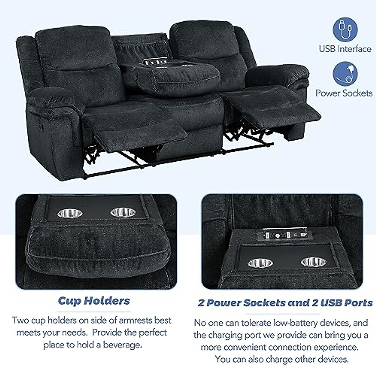 YUNLife&Home Manual Wall Hugger Chair with Cup Holder,2 USB Ports&Power Sockets,Double Reclining Sectional Sofa 3-Seat Couch for Living Room Apartment Office RV Theater Furniture Set, Dark Blue 83.8"w