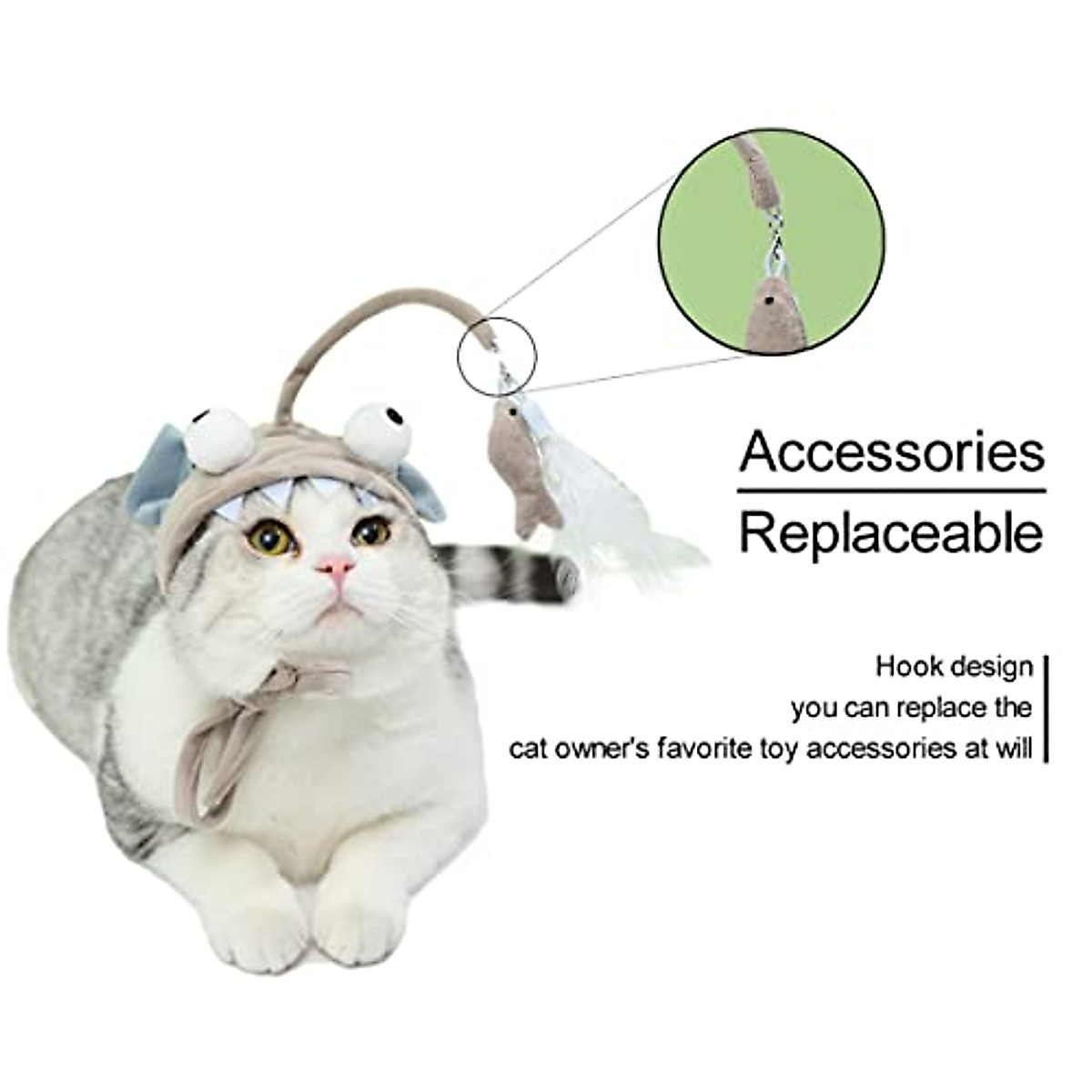 YIDUHONG Head Mounted Cat Headgear Interactive Self-Service Adjustable Size Cat hat Feather Toy，Kawaii Design，Grey Bigeye Fish