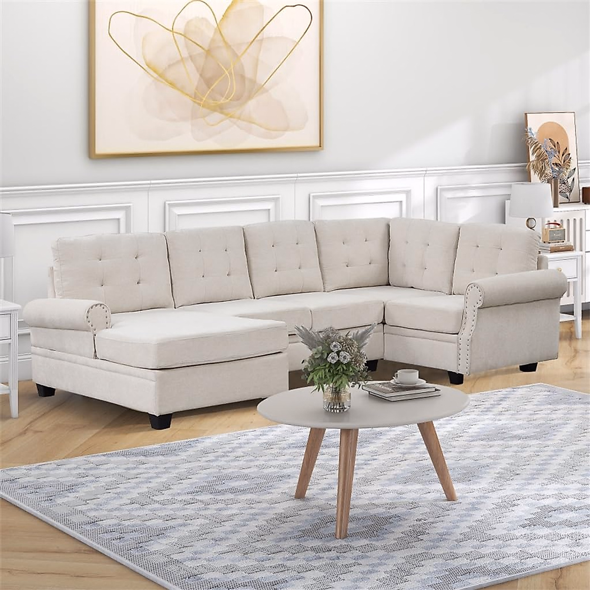 FANCUF 120" U-Shaped Corner Sectional Sofa Upholstered Linen Fabric Sofa Couch