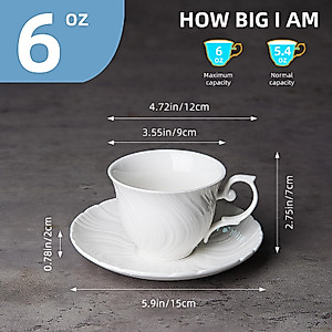 Agyiuns Tea Cups Set Of 4, Tea Cup And Saucer Set,6oz for Tea,Coffee, Latte, Cafe Mocha, Porcelain Tea Party Set (Pure white set of 4)