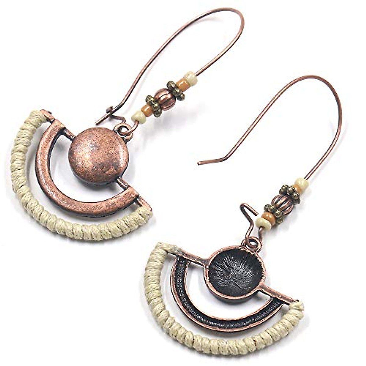 Lightweight Handmade Weave Boho Bohemian Fan Shape Earrings for Women Geometric Dangle Drop Hollow Half Round African Tribal Ethnic Jewelry (Copper)