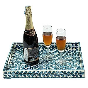 CLAYNIX Serving Tray 15.7" X11.8", Lacquer Mother of Pearl Inlay Mosaic Tray, Rectangle Wooden Marble Tray with Handles Trays for Tea, Breakfast in Bed, Table (Blue)
