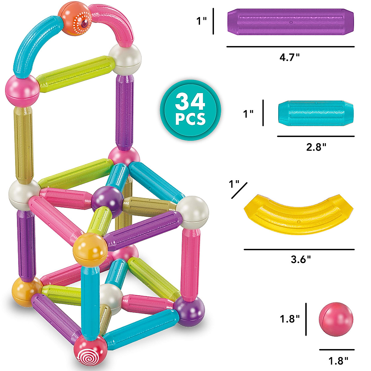 Magnetic Balls and Rods Set | 34 PCS Educational Magnet Building Blocks – Vibrant Colors, Different Sizes & Curved Shapes + Instructions Manual – Developmental STEAM Toys for Boys & Girls 3 4 5 6 7