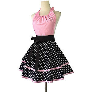 Hyzrz Cute Retro Apron Vintage Maid Polka Dot Kitchen Cooking Aprons for Women Ladies Girls (Pink)