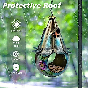 Solar Wild Bird Feeder, Wrought Iron Garden Hanging Ornament Birdhouse, Bird Feeder for Outdoors Hanging Solar Garden Lantern Bird House with S Hook as Gift Ideas for Bird Lovers (A)