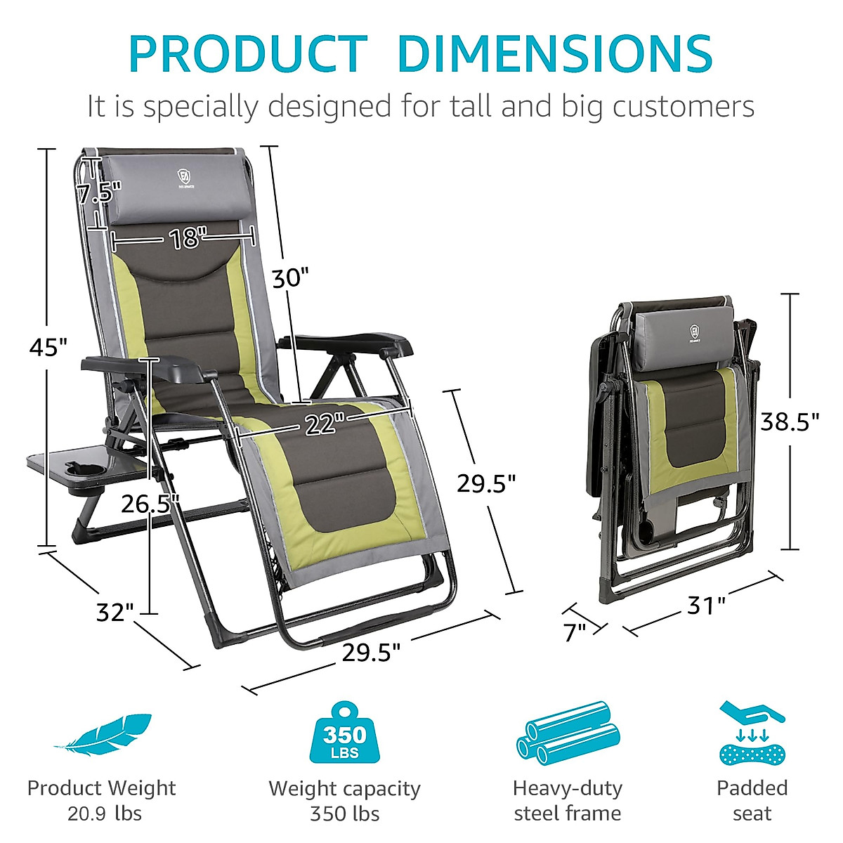 EVER ADVANCED Oversize XL Zero Gravity Outdoor Recliner with Cup Holder Padded Patio Lounger Chair with Adjustable Headrest Support 350lbs (Olive Green)