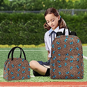 CHIFIGNO Blue Butterfly Leopard Cheetah Print Backpack Set for Teen Girls Middle Student Bookbag Women Backpack with Insulated Lunch bag Funny Preschool Kindergarten Backpacks