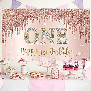 Happy 1st Birthday Banner Backdrop Decorations for Girls, Rose Gold 1 Year Old Birthday Party Sign Supplies, Pink One Birthday Poster Background Photo Booth Props Decor