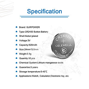 SURPOWER CR2450 3V Lithium Battery DL2450-10 Pack【5-Year Warranty】