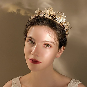 Butterfly Flower Tiara Bride Crown For Women Rhinestone Pearl Tiara For Girls Bridesmaid Fairy Crown Headband Wedding Birthday Party Jewelry Hair Accessories(Gold）