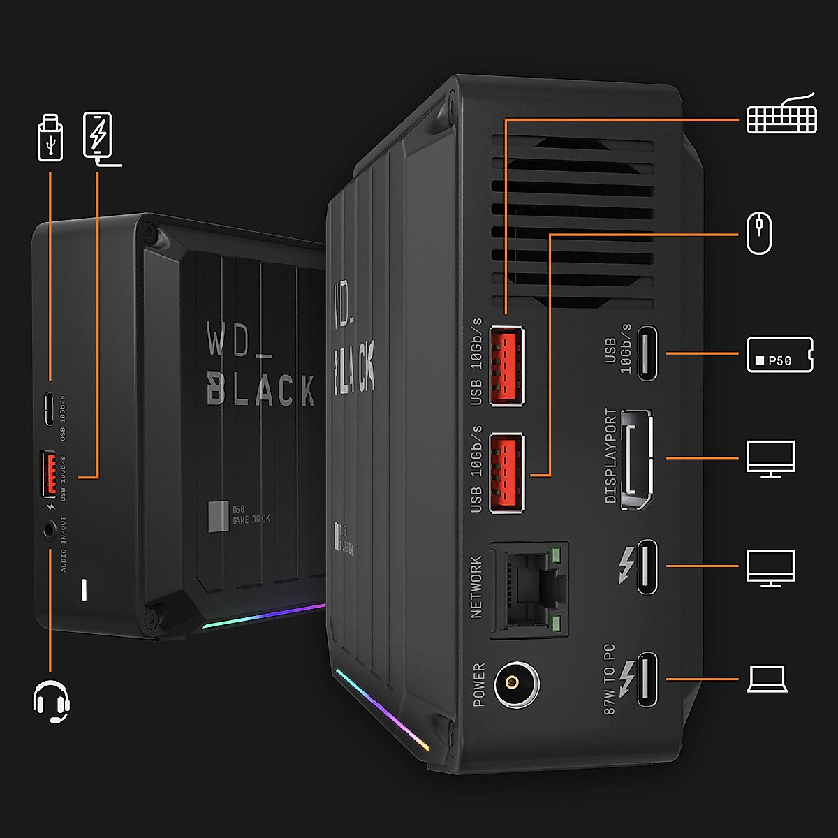 WD_Black D50 Game Dock. 2X Thunderbolt 3 Ports, DisplayPort 1.4, 2X USB-C & 3X USB-A, Audio in/Out, Gigabit Ethernet; Customizable RGB Lighting