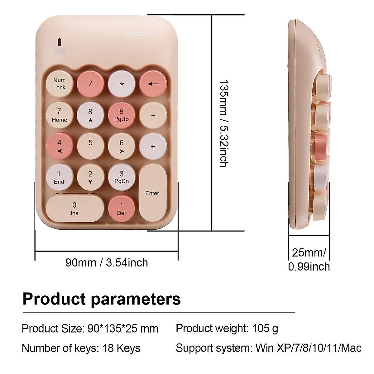 Lomiluskr Wireless Numeric Keypad with 2.4G USB Receiver, Cute Colorful Round Keycaps, Portable Financial Accounting Numpad Number Keyboard, Suitable for PC, Laptop (Milk Tea)