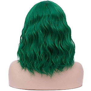 Mildiso Dark Green Wigs for Women Short Curly Wavy Bob Wig with Bangs Green Hair Wig with Wig Caps Cute Colorful Synthetic Wig for Daily Party M073
