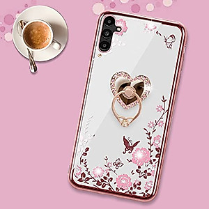 B-wishy for Samsung Galaxy A14 5G/A14 4G Glitter Crystal Butterfly Heart Floral Slim TPU Luxury Bling Cute Protective Cover with Kickstand+Strap for Samsung Galaxy A14 4G/5G(Rose Gold)