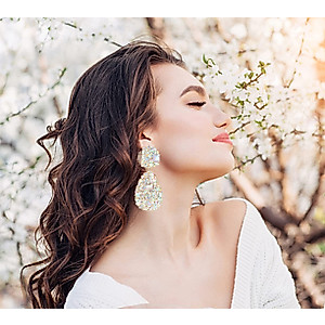 Met-edianger Met-edianger AB Rhinestone Statement Earrings White Teardrop Costume Earrings Iridescent Crystal Chandelier Drop Dangle Earrings for Women Wedding Bridal