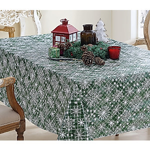 Newbridge Snowfall Snowflake Plaid Christmas Print Vinyl Flannel Backed Tablecloth Contemporary Snowflake Design Easy Care Wipe Clean Xmas Tablecloth, 60 Inch x 102 Inch Oblong/Rectangle, Green