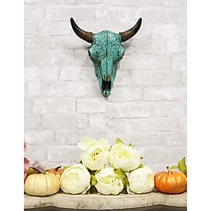 Ebros 10" Wide Western Southwest Steer Bison Buffalo Bull Cow Horned Skull Head Turquoise Floral Lace Design Wall Mount Decor Native Indian Sacred Animal Totem Bust Skulls