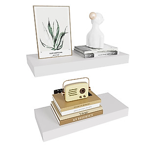 Merapi White Floating Shelves, 15 Inch Wall Shelves for Bathroom, Bedroom, Small Hanging Shelf for Wall Storage, Wall Mounted Wooden Shelves for Toilet, Kitchen, Office, Living Room Decor(Set of 2)