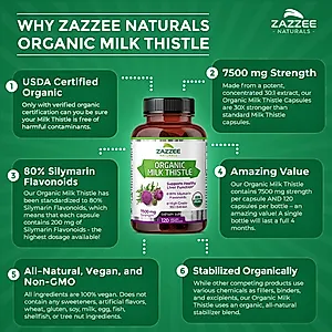 Zazzee USDA Organic Milk Thistle 30:1 Extract, 7500 mg Strength, 120 Vegan Capsules, 80% Silymarin Flavonoids, Standardized and Concentrated 30X Extract, 100% Vegetarian, All-Natural and Non-GMO