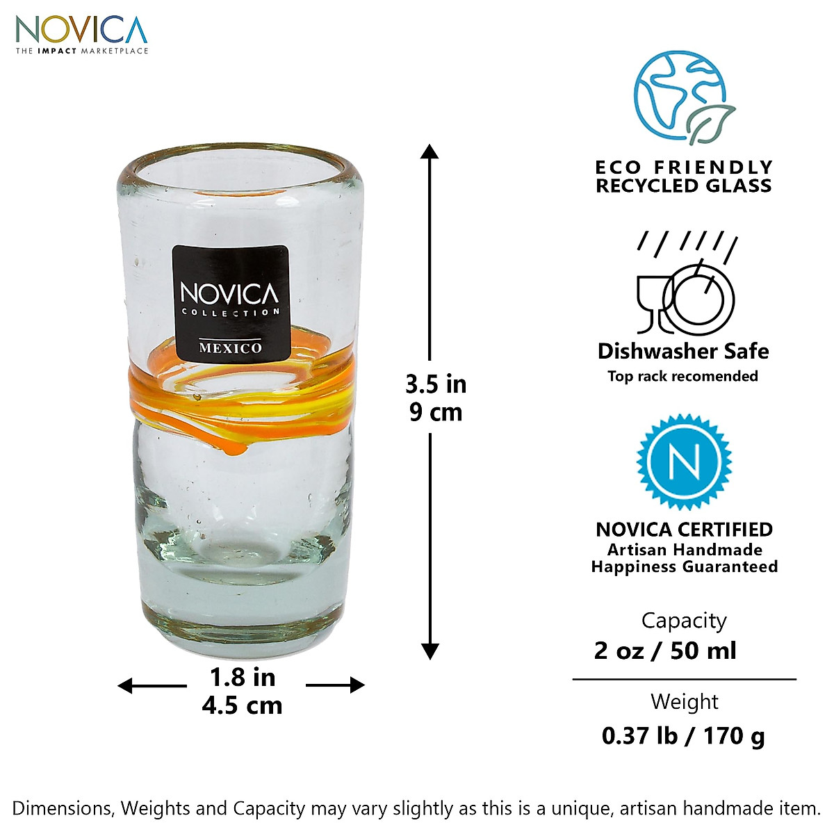 NOVICA Artisan Crafted Yellow Spiral Clear Recycled Tequila Shot Glasses, 2 Oz. 'Ribbon Of Sunshine' (Set Of 6)