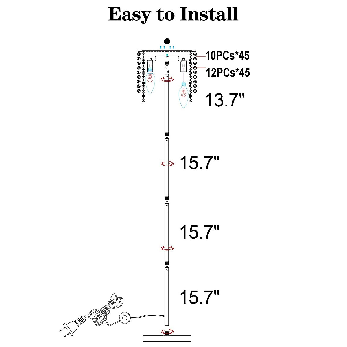 Crystal Floor Lamp, Modern Standing Lights 64.9" Tall Pole Lamp Elegant Chrome Finish with Crystal Shade Floor Lamp Bright Floor Lamp for Living Room Bedroom Office Study Room Girls Room Silver