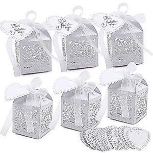 VGoodall 100 PCS Wedding Favor Boxes Laser Cut boxes Party Favor Box Small Gift Boxes Lace Candy Boxes for Wedding Baby Shower Birthday Party with Ribbons