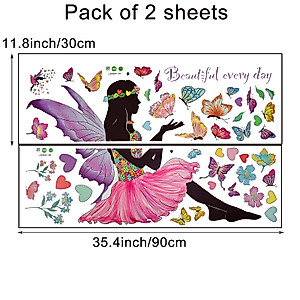 Pinenjoy Butterfly Girl Wall Decal Flower Fairy Wall Sticker 39x37inch Removable Self-Adhesive Vinyl Wall Clings for Kids Bedroom Living Room Nursery TV Headboard Decorations