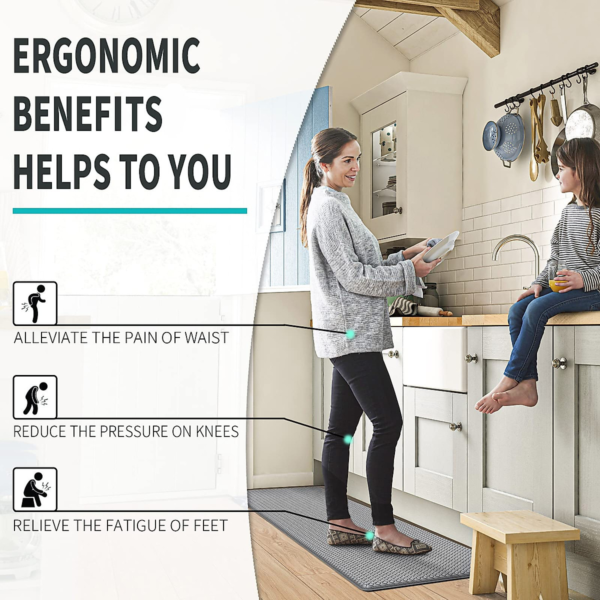 DEXI Kitchen Rugs Anti Fatigue Cushioned Comfort Standing Mats 2 Pieces Set Waterproof Runner Mats Easy to Clean 17"x59"+17"x79" Grey